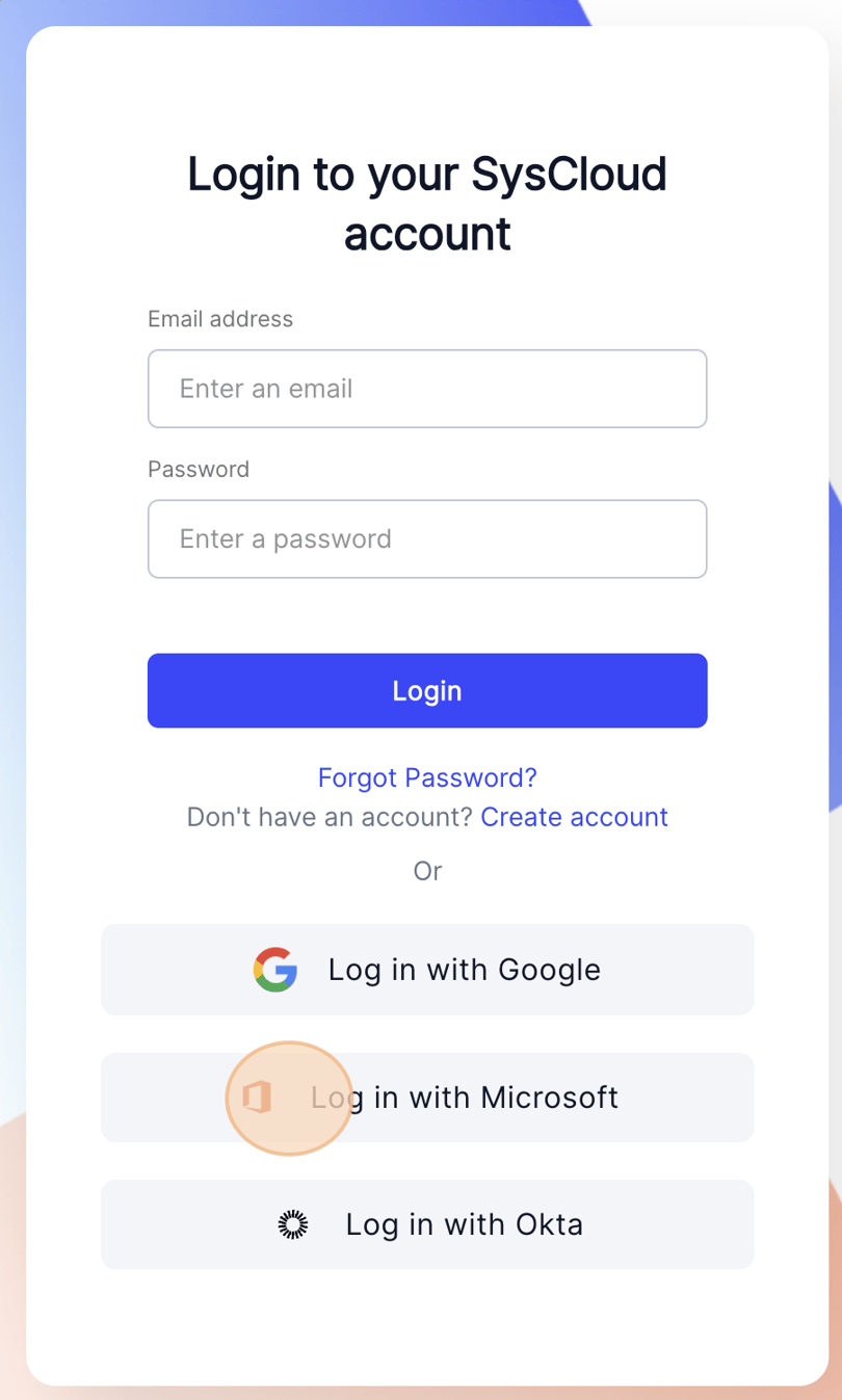 How do I log in to the SysCloud Backup and Security Application?